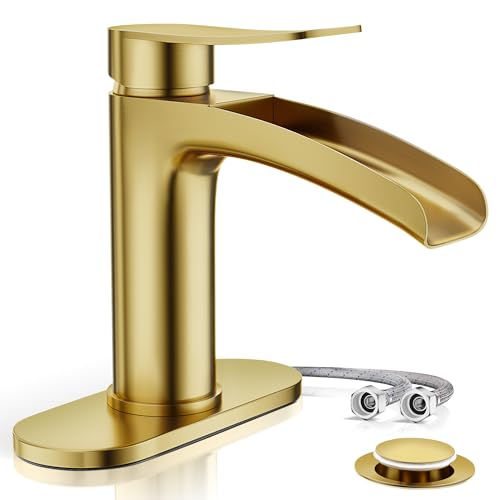 Phiestina Single Handle Waterfall Faucet for Bathroom Sink in Brushed Gold Finish, with 4-Inch Deck Plate,Metal Pop Up Drain Assembly & CUPC Water Supply Lines,NS-SF01-BG