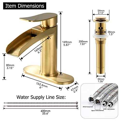 Phiestina Single Handle Waterfall Faucet for Bathroom Sink in Brushed Gold Finish, with 4-Inch Deck Plate,Metal Pop Up Drain Assembly & CUPC Water Supply Lines,NS-SF01-BG