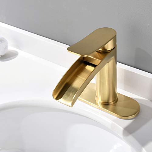 Phiestina Single Handle Waterfall Faucet for Bathroom Sink in Brushed Gold Finish, with 4-Inch Deck Plate,Metal Pop Up Drain Assembly & CUPC Water Supply Lines,NS-SF01-BG