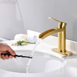 Phiestina Single Handle Waterfall Faucet for Bathroom Sink in Brushed Gold Finish, with 4-Inch Deck Plate,Metal Pop Up Drain Assembly & CUPC Water Supply Lines,NS-SF01-BG