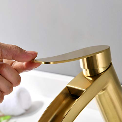 Phiestina Single Handle Waterfall Faucet for Bathroom Sink in Brushed Gold Finish, with 4-Inch Deck Plate,Metal Pop Up Drain Assembly & CUPC Water Supply Lines,NS-SF01-BG