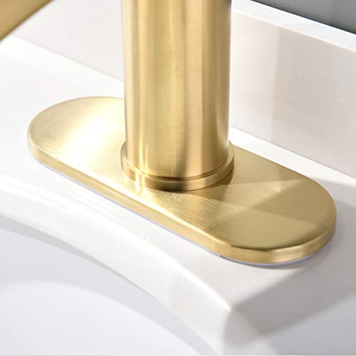 Phiestina Single Handle Waterfall Faucet for Bathroom Sink in Brushed Gold Finish, with 4-Inch Deck Plate,Metal Pop Up Drain Assembly & CUPC Water Supply Lines,NS-SF01-BG