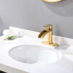 Phiestina Single Handle Waterfall Faucet for Bathroom Sink in Brushed Gold Finish, with 4-Inch Deck Plate,Metal Pop Up Drain Assembly & CUPC Water Supply Lines,NS-SF01-BG