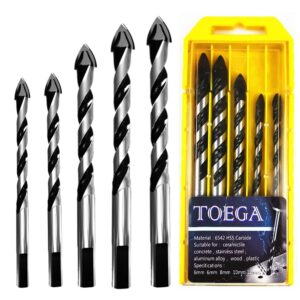 toega 5pcs concrete drill bits, masonry drill bit set, for tile, brick, cement, concrete, glass, plastic, cinder block, wood etc, best for concrete and brick wall ceramic tile on