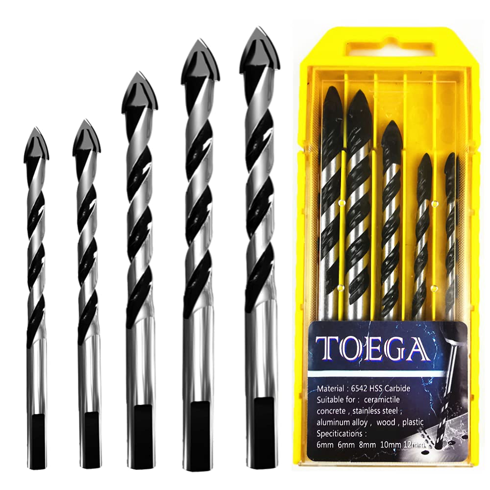 TOEGA 5Pcs Concrete Drill bits, Masonry Drill bit Set, for Tile, Brick, Cement, Concrete, Glass, Plastic, Cinder Block, Wood etc, Best for Concrete and Brick Wall Ceramic Tile on