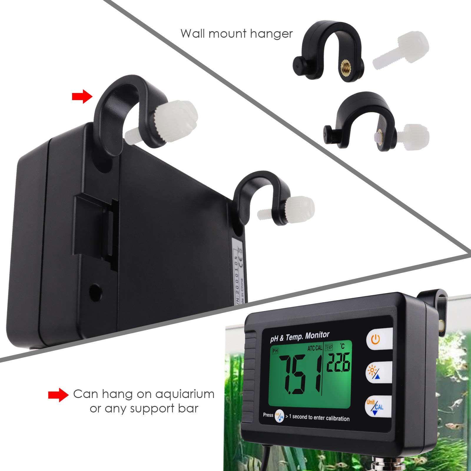 Digital Combo pH & Temperature Meter, Aquarium Thermometer pH Monitor with Automatic Calibration Function for Fish Tank Hydroponics Aquaculture Laboratory