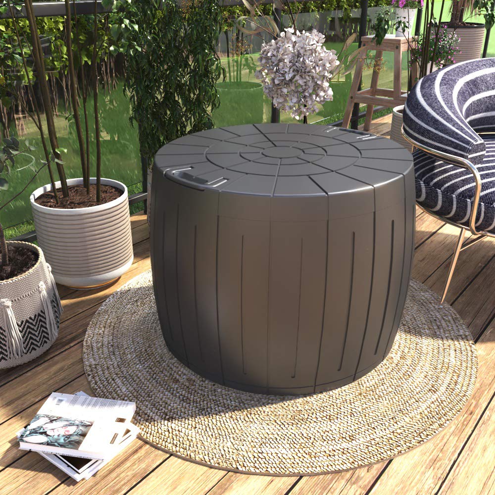 ADDOK Round Deck Box Light weight Resin Outdoor Storage Patio Seat for Outdoor Cushion Storage (27 Gallon, Dark Coffee)