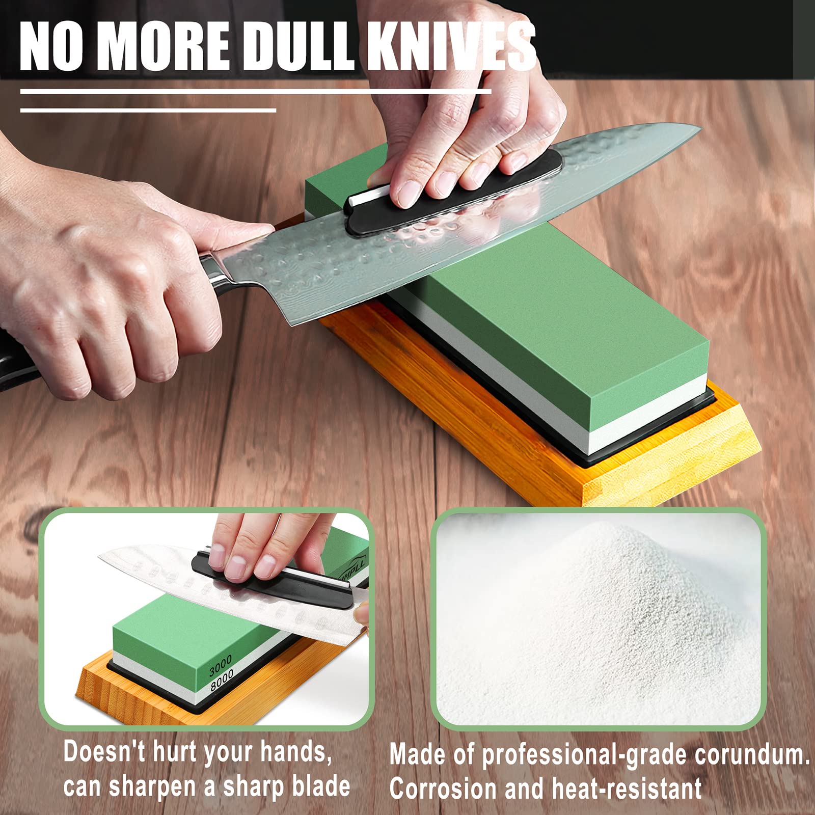 HMPLL Knife Sharpening Stone Set, Professional Whetstone 4 Side Grit 400/1000 3000/8000, Whetstone Knife Sharpener Stone Set Include Non-slip Bamboo Base, Leather Strop, Flattening Stone & Angle Guide