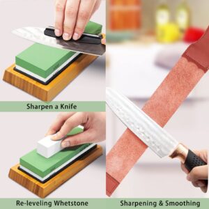 HMPLL Knife Sharpening Stone Set, Professional Whetstone 4 Side Grit 400/1000 3000/8000, Whetstone Knife Sharpener Stone Set Include Non-slip Bamboo Base, Leather Strop, Flattening Stone & Angle Guide