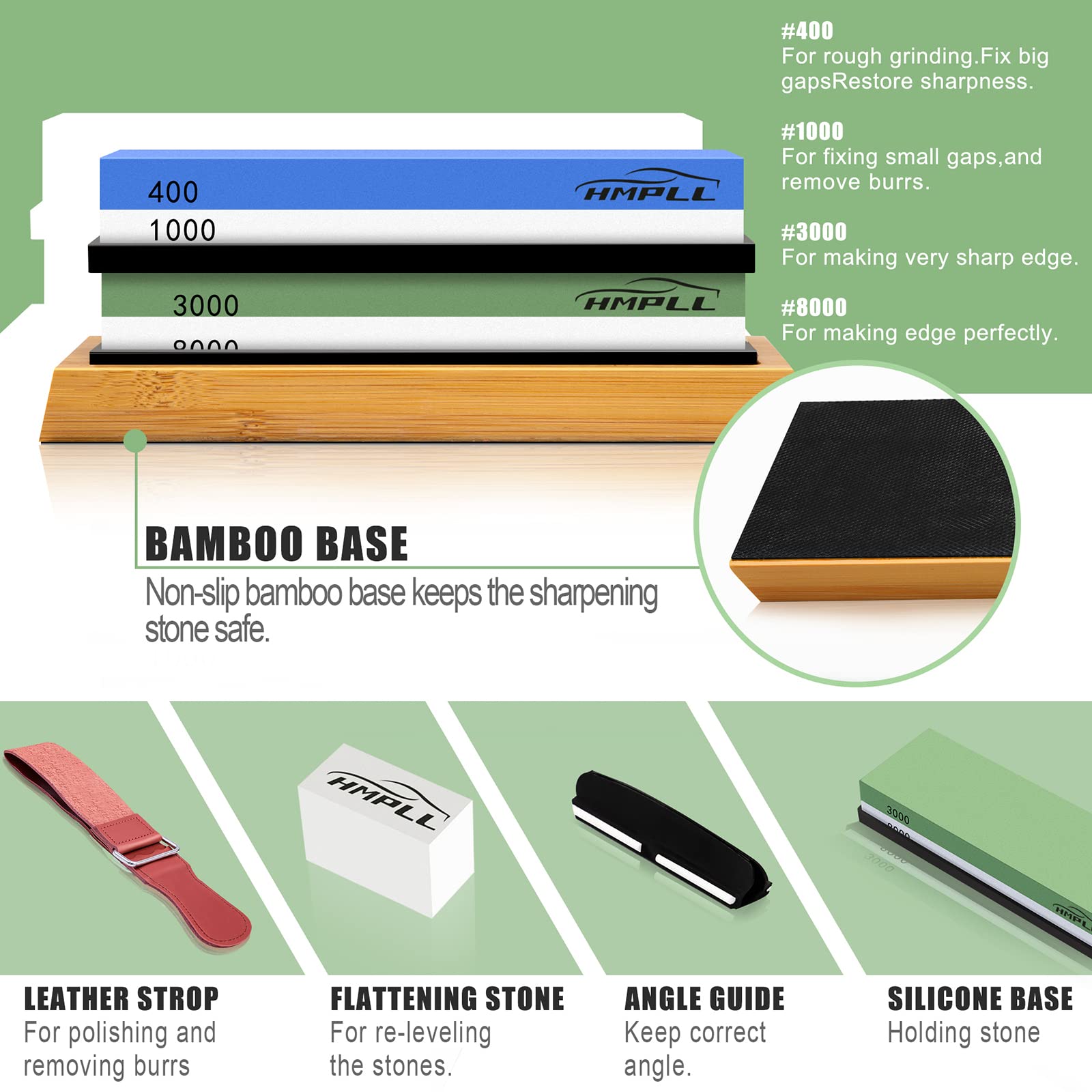 HMPLL Knife Sharpening Stone Set, Professional Whetstone 4 Side Grit 400/1000 3000/8000, Whetstone Knife Sharpener Stone Set Include Non-slip Bamboo Base, Leather Strop, Flattening Stone & Angle Guide