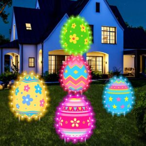 5 pcs glow easter yard signs outdoor lawn decorations with stakes, large easter egg yard signs decor, led string light decorative