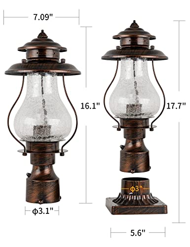 Dusk to Dawn Post Lights Outdoor Photocell Sensor Rustic Pole Mount Lanterns with Pier Mount Adapter Oil Rubbed Brown with Crackle Glass Waterproof Pillar Lights for Patio, Garden, Porch and Backyard