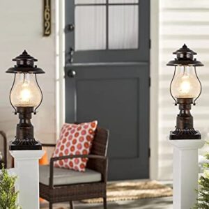 Dusk to Dawn Post Lights Outdoor Photocell Sensor Rustic Pole Mount Lanterns with Pier Mount Adapter Oil Rubbed Brown with Crackle Glass Waterproof Pillar Lights for Patio, Garden, Porch and Backyard