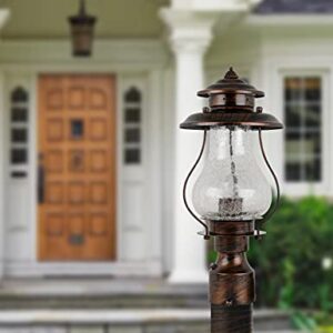 Dusk to Dawn Post Lights Outdoor Photocell Sensor Rustic Pole Mount Lanterns with Pier Mount Adapter Oil Rubbed Brown with Crackle Glass Waterproof Pillar Lights for Patio, Garden, Porch and Backyard