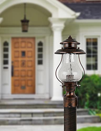 Dusk to Dawn Post Lights Outdoor Photocell Sensor Rustic Pole Mount Lanterns with Pier Mount Adapter Oil Rubbed Brown with Crackle Glass Waterproof Pillar Lights for Patio, Garden, Porch and Backyard