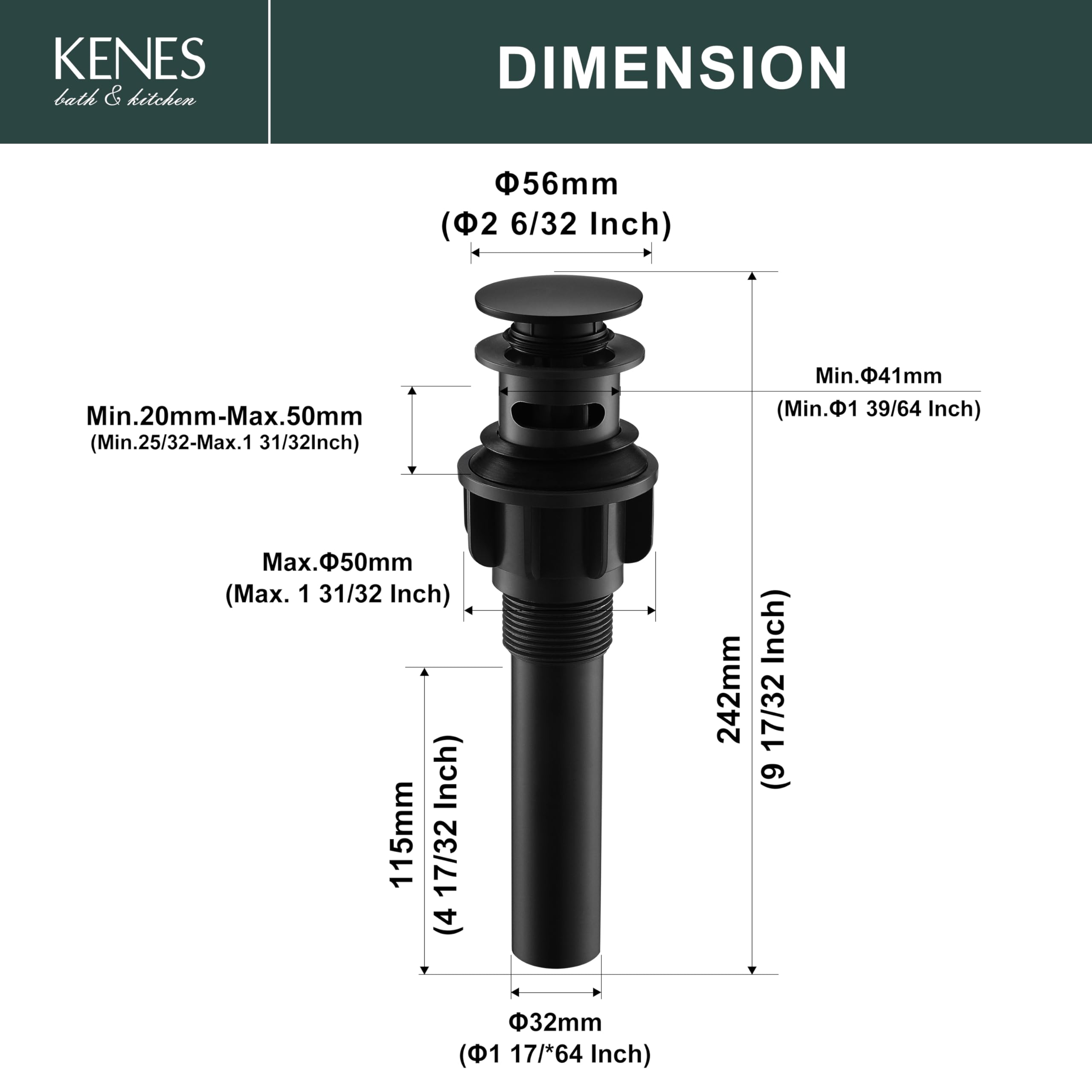 KENES Pop Up Bathroom Sink Drain with Overflow, Matte Black Pop Up Drain Stopper Anti Clog Pop Up Drain Stopper Lavatory Vanity Vessel Sink Drain