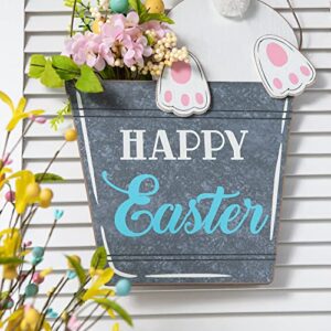 Glitzhome 18 Inch Wooden Easter Bunny Hanging Decoration,"Happy Easter" Rabbit Welcome Sign wood Bunny Eggs Easter Decorations for Door Home Garden Spring Party