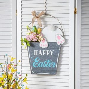 Glitzhome 18 Inch Wooden Easter Bunny Hanging Decoration,"Happy Easter" Rabbit Welcome Sign wood Bunny Eggs Easter Decorations for Door Home Garden Spring Party