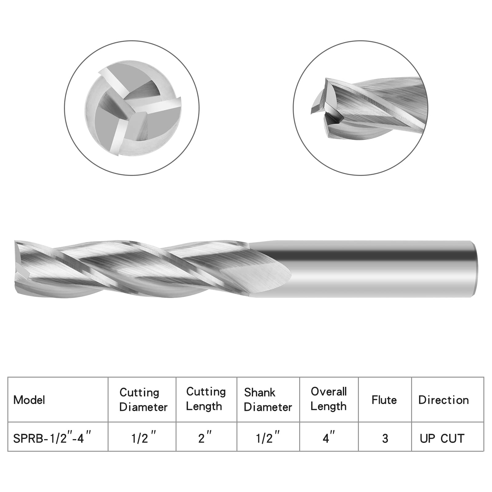 EANOSIC Upcut Spiral Router Bit 3-Flute with 1/2” Shank, Extra Long (4 inch), 1/2” Cutting Diameter, 2” Cutting Length, Carbide CNC Router Bits End Mill for Wood Mortises Carving Engraving