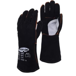 topdc welding gloves 14 inches fire/heat resistant leather for mig,tig,stick,forge,bbq,grill, fireplace,wood stove, furnace,pot,oven