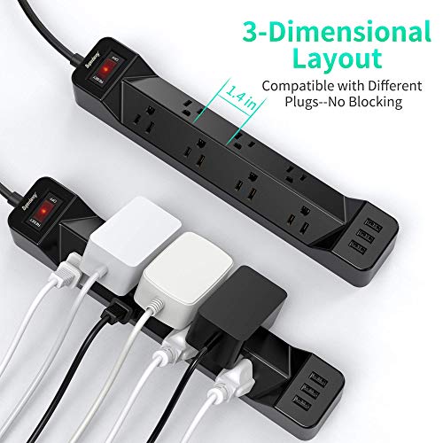 16.5FT Power Strip Surge Protector Flat Plug with USB, SUPERDANNY 7 Wide Spaced Outlets 3 USB Ports Mountable Extension Cord Charging Station, Overload Protection for Home Office Hotel Dorm, Black