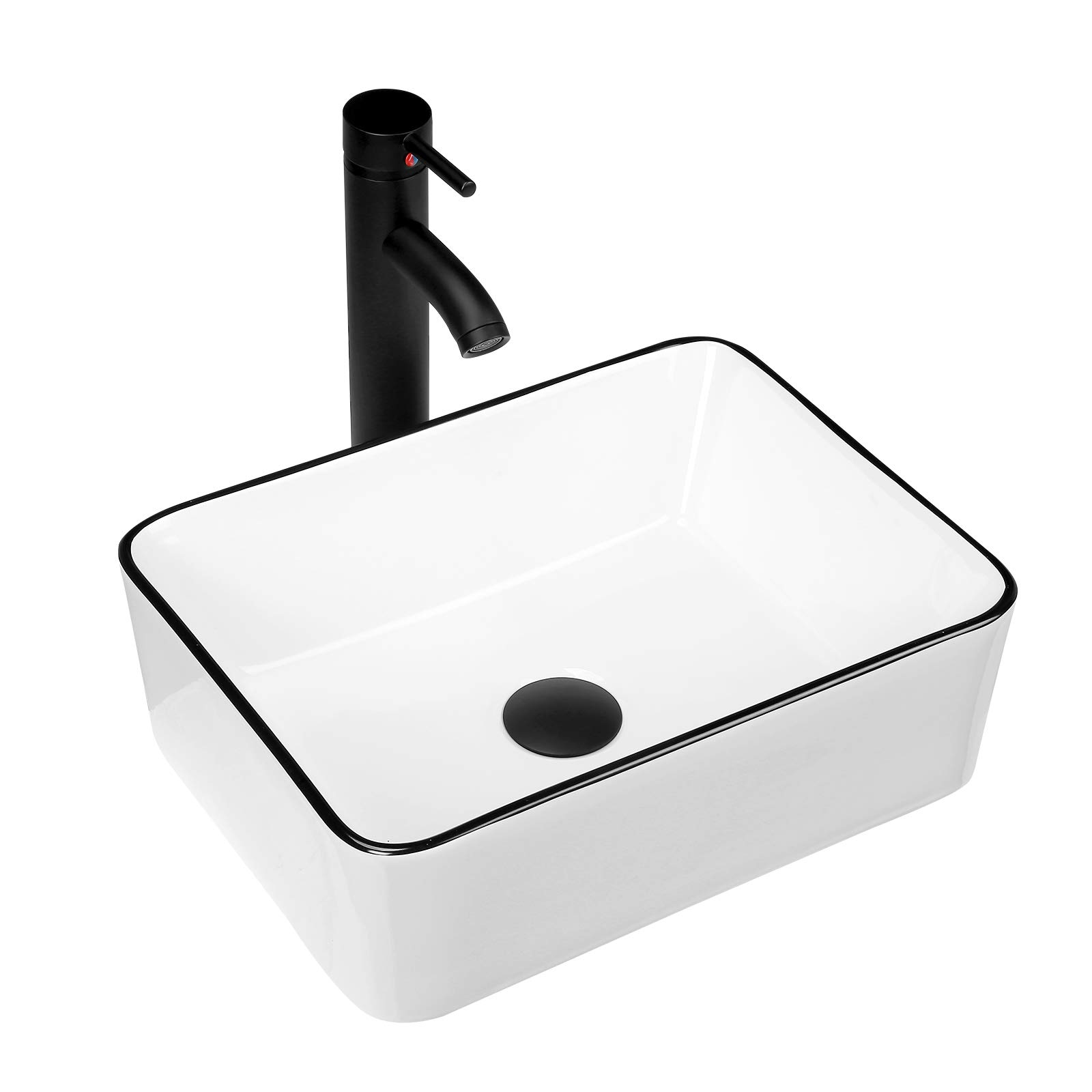 KSWIN Ceramic Rectangular Bathroom Vessel Sink, 16'' x 12'' Above Counter Porcelain Small Sink with Faucet Combo, White Body with Black Trim on The Top