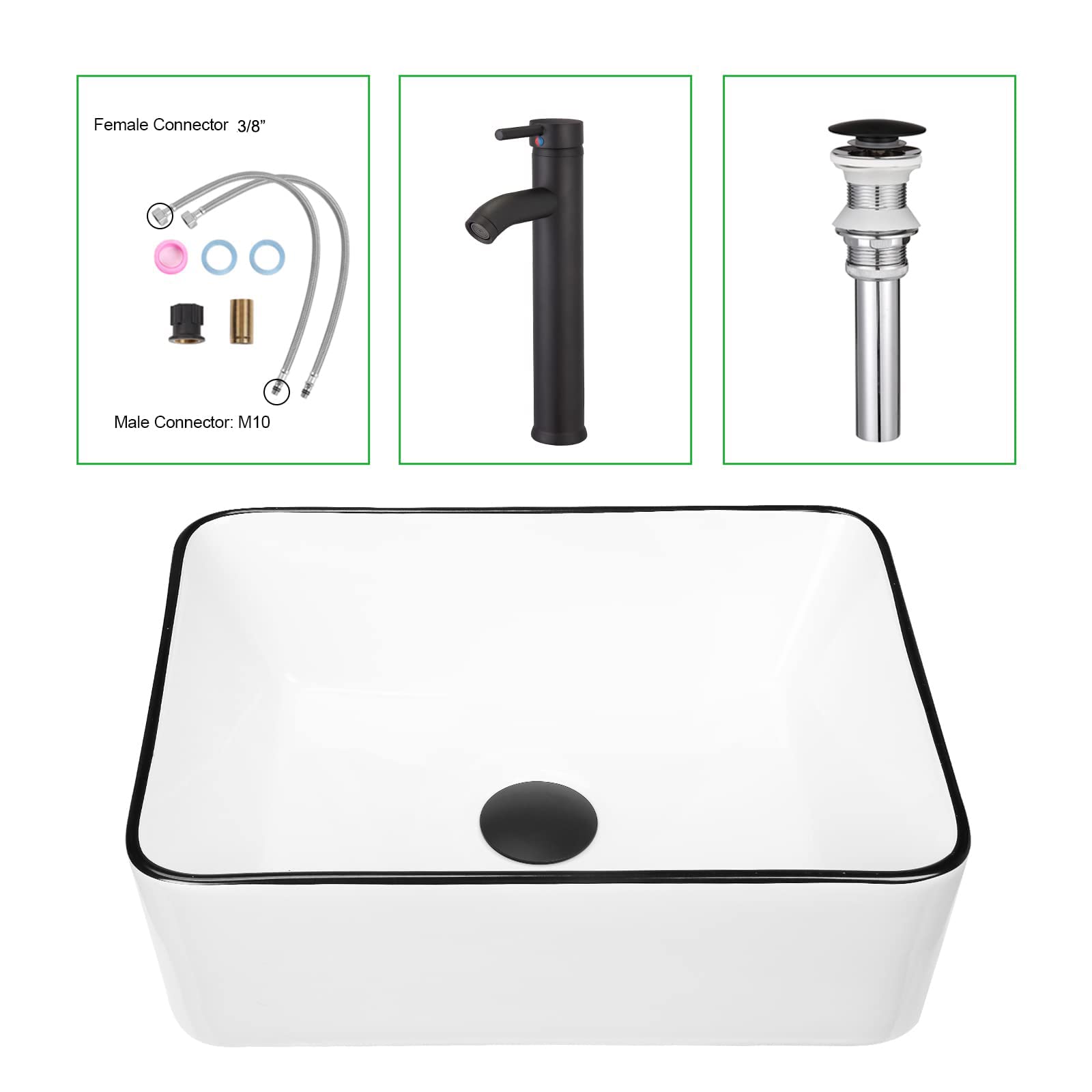 KSWIN Ceramic Rectangular Bathroom Vessel Sink, 16'' x 12'' Above Counter Porcelain Small Sink with Faucet Combo, White Body with Black Trim on The Top