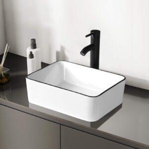 KSWIN Ceramic Rectangular Bathroom Vessel Sink, 16'' x 12'' Above Counter Porcelain Small Sink with Faucet Combo, White Body with Black Trim on The Top