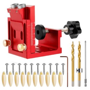 newruiheng pocket hole jig tool kit for carpentry, pocket hole drill guide jig set for 15° angled holes, portable wood pocket hole screw clamp system for woodworking (red)