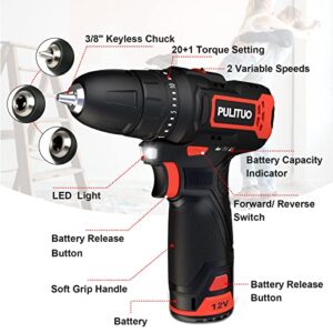 PULITUO Cordless Drill/Driver Kit, Power drill Set with 35N.m Torque, 20+1 Clutch, 3/8" Keyless Chuck, 2-Variable Speed-12V Electric Drill Driver for Wood Bricks Walls Metal