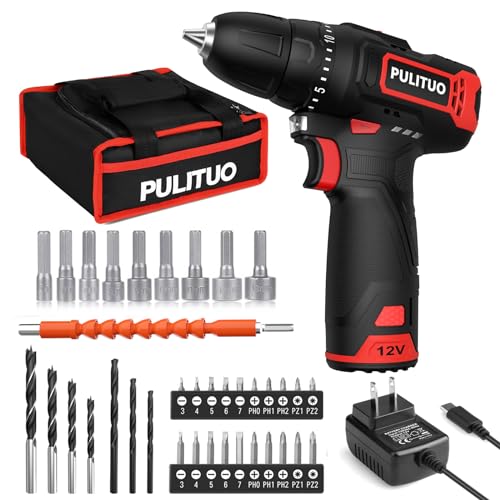 PULITUO Cordless Drill/Driver Kit, Power drill Set with 35N.m Torque, 20+1 Clutch, 3/8" Keyless Chuck, 2-Variable Speed-12V Electric Drill Driver for Wood Bricks Walls Metal