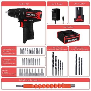 PULITUO Cordless Drill/Driver Kit, Power drill Set with 35N.m Torque, 20+1 Clutch, 3/8" Keyless Chuck, 2-Variable Speed-12V Electric Drill Driver for Wood Bricks Walls Metal