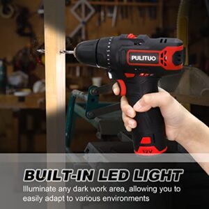 PULITUO Cordless Drill/Driver Kit, Power drill Set with 35N.m Torque, 20+1 Clutch, 3/8" Keyless Chuck, 2-Variable Speed-12V Electric Drill Driver for Wood Bricks Walls Metal