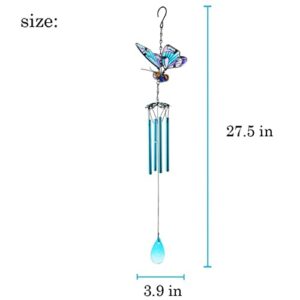 Butterfly Wind Chimes, AVEKI 27.5''H Iron Stained Glass Butterfly Wind Chimes Gifts for Mom Outdoor/Indoor Wind Chimes for Home, Garden, Window, Yard, Patio, Lawn Decoration (Blue)