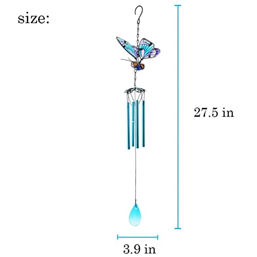 Butterfly Wind Chimes, AVEKI 27.5''H Iron Stained Glass Butterfly Wind Chimes Gifts for Mom Outdoor/Indoor Wind Chimes for Home, Garden, Window, Yard, Patio, Lawn Decoration (Blue)