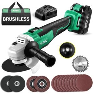 kimo cordless grinder 20v cordless angle grinder w/ 4.0ah li-ion battery & charger, 9000rpm brushless motor, 4-1/2'' blade, electric brake, 2-position handle, battery grinder tool for metal wood