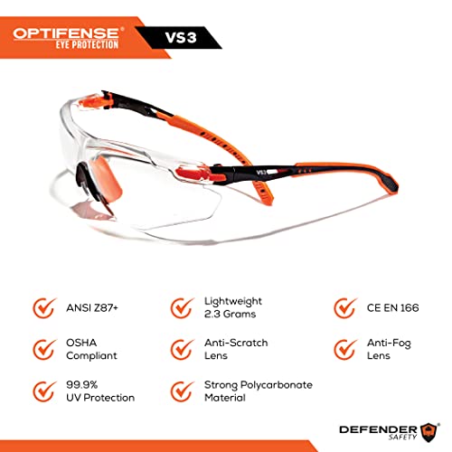 OPTIFENSE™ VS3 Anti Fog, Premium CLEAR/TINTED Safety Glasses, ANSI Z87+, (Orange Frame, Clear Lens)