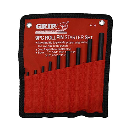 Grip 9 pc Gunsmithing Roll Pin Starter Punch Set - Sizes Include: 1/16”, 5/64”, 3/32”, 1/8”, 5/32”, 3/16”, 7/32”, 1/4”, 5/16” - Roll Up Storage Pouch - Heat Treated Steel