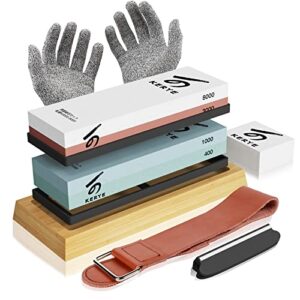 knife sharpening stone kit, kerye professional japanese whetstone sharpener stone set, premium 4 side grit 400/1000 3000/8000 water stone, flattening stone, angle guide, leather strop, anti cut gloves