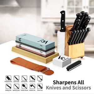 Knife Sharpening Stone Kit, KERYE Professional Japanese Whetstone Sharpener Stone Set, Premium 4 Side Grit 400/1000 3000/8000 Water Stone, Flattening Stone, Angle Guide, Leather Strop, Anti Cut Gloves