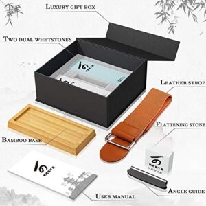 Knife Sharpening Stone Kit, KERYE Professional Japanese Whetstone Sharpener Stone Set, Premium 4 Side Grit 400/1000 3000/8000 Water Stone, Flattening Stone, Angle Guide, Leather Strop, Anti Cut Gloves