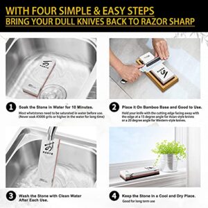 Knife Sharpening Stone Kit, KERYE Professional Japanese Whetstone Sharpener Stone Set, Premium 4 Side Grit 400/1000 3000/8000 Water Stone, Flattening Stone, Angle Guide, Leather Strop, Anti Cut Gloves