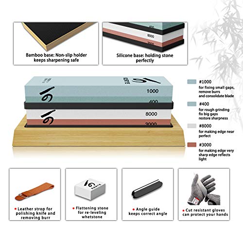 Knife Sharpening Stone Kit, KERYE Professional Japanese Whetstone Sharpener Stone Set, Premium 4 Side Grit 400/1000 3000/8000 Water Stone, Flattening Stone, Angle Guide, Leather Strop, Anti Cut Gloves