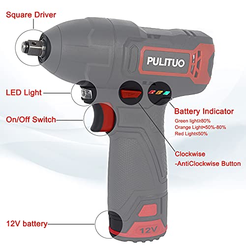 PULITUO 3/8” Cordless Impact Wrench, 12V Electric Impact Gun Max Torque 120 N.m, Power Impact Wrench with 2 Pcs 2000mAh Li-ion Battery & 1-Hour Fast Charger