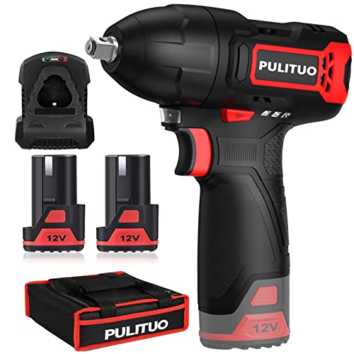 PULITUO 3/8” Cordless Impact Wrench, 12V Electric Impact Gun Max Torque 120 N.m, Power Impact Wrench with 2 Pcs 2000mAh Li-ion Battery & 1-Hour Fast Charger