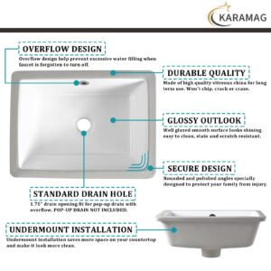 18 Inch Undermount Bathroom Sink Small Rectangle Undermount Sink White Ceramic Under Counter Bathroom Sink with Overflow (18.3"x13.8")