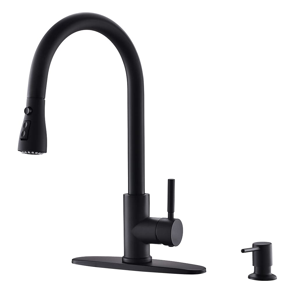 Bokaiya Black Kitchen Faucet with Soap Dispenser, High Arch Single Level Stainless Steel Pull Out Kitchen Faucet, Matte Black Kitchen Faucet with Pull Down Sprayer One Hole or 3 Hole