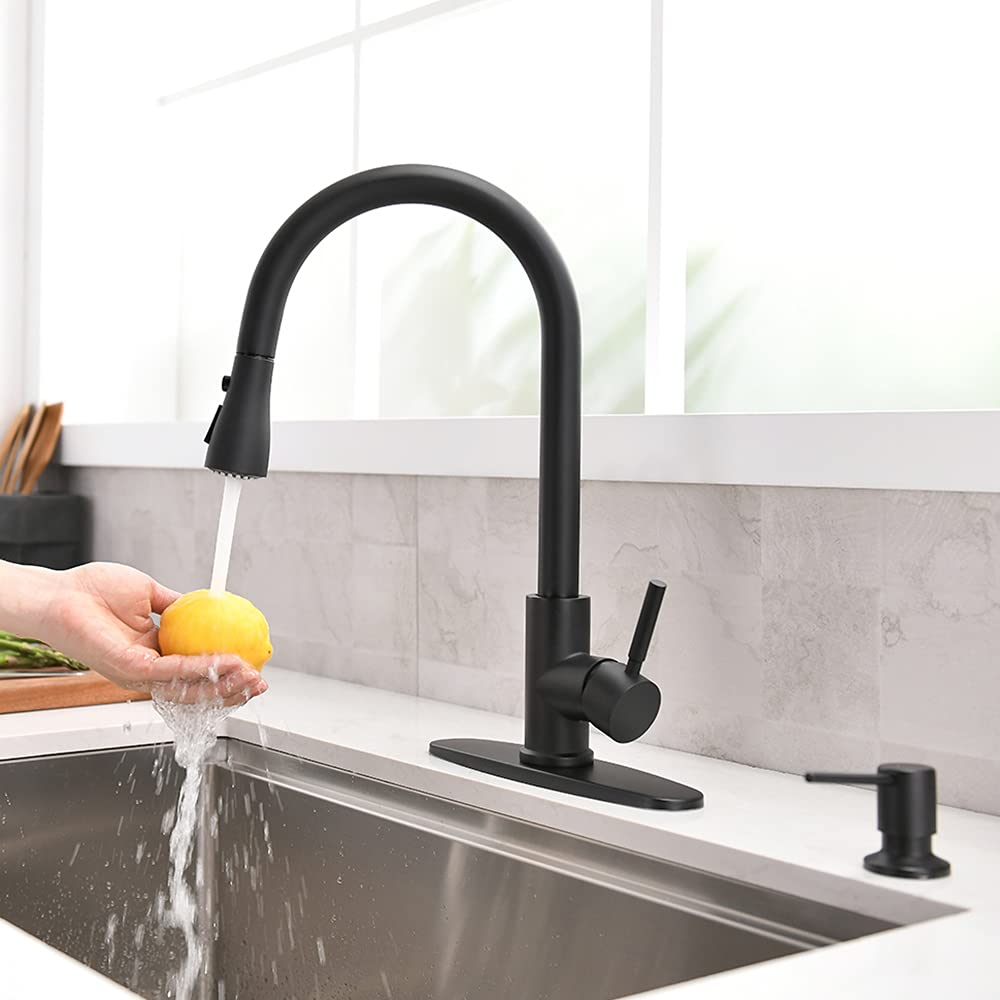 Bokaiya Black Kitchen Faucet with Soap Dispenser, High Arch Single Level Stainless Steel Pull Out Kitchen Faucet, Matte Black Kitchen Faucet with Pull Down Sprayer One Hole or 3 Hole