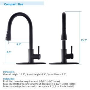 Bokaiya Black Kitchen Faucet with Soap Dispenser, High Arch Single Level Stainless Steel Pull Out Kitchen Faucet, Matte Black Kitchen Faucet with Pull Down Sprayer One Hole or 3 Hole