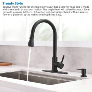 Bokaiya Black Kitchen Faucet with Soap Dispenser, High Arch Single Level Stainless Steel Pull Out Kitchen Faucet, Matte Black Kitchen Faucet with Pull Down Sprayer One Hole or 3 Hole